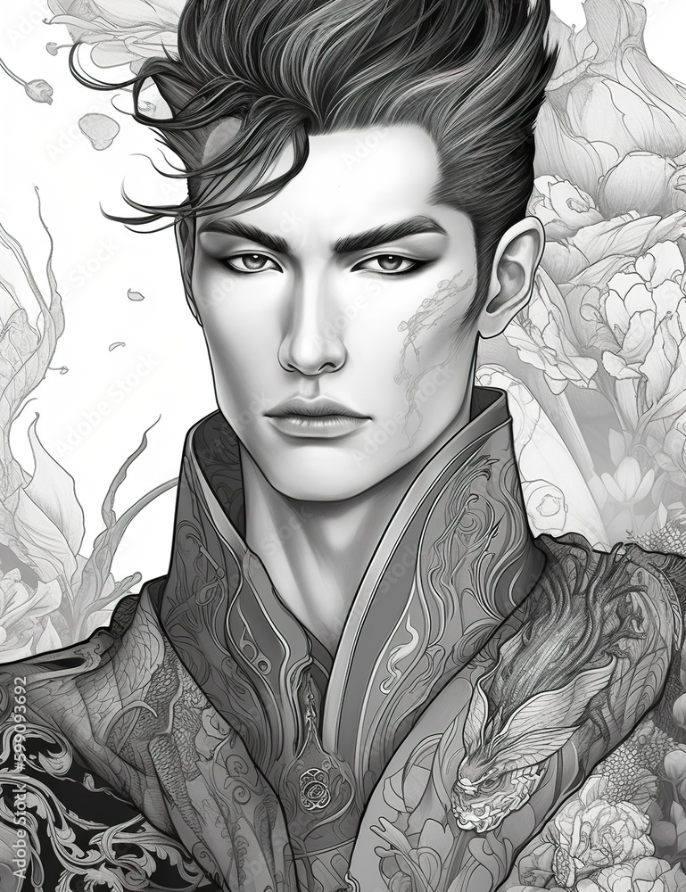 Fantasy character with Asian influences, black white illustration ...