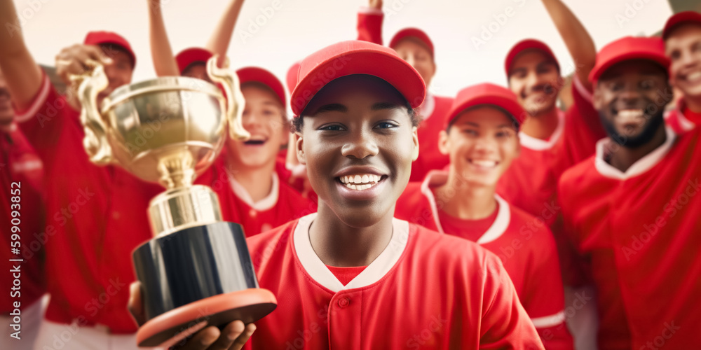 Young Soccer Players Holding Trophy. Boys Celebrating Soccer Football Championship. Winning team ...