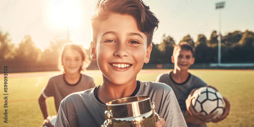 Young Soccer Players Holding Trophy. Boys Celebrating Soccer Football Championship. Winning team ...