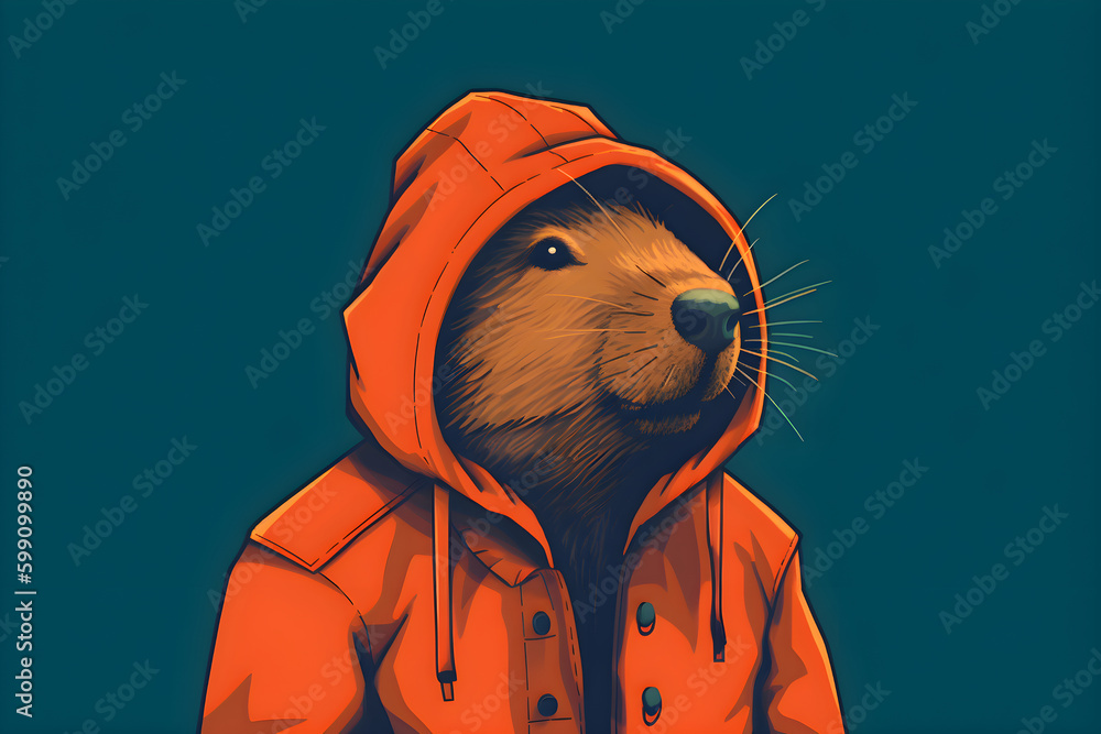 Portrait illustration of an anthropomorphic capybara wearing a hoodie ...