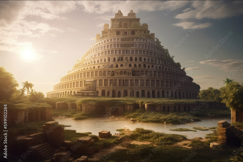 Ancient city of Babylon with the tower of Babel, bible and religion. AI ...