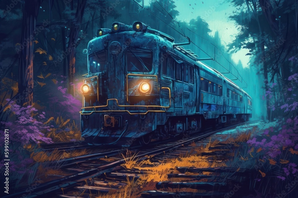 Train rides in a forest area, retro style. Vintage steam locomotive. AI ...
