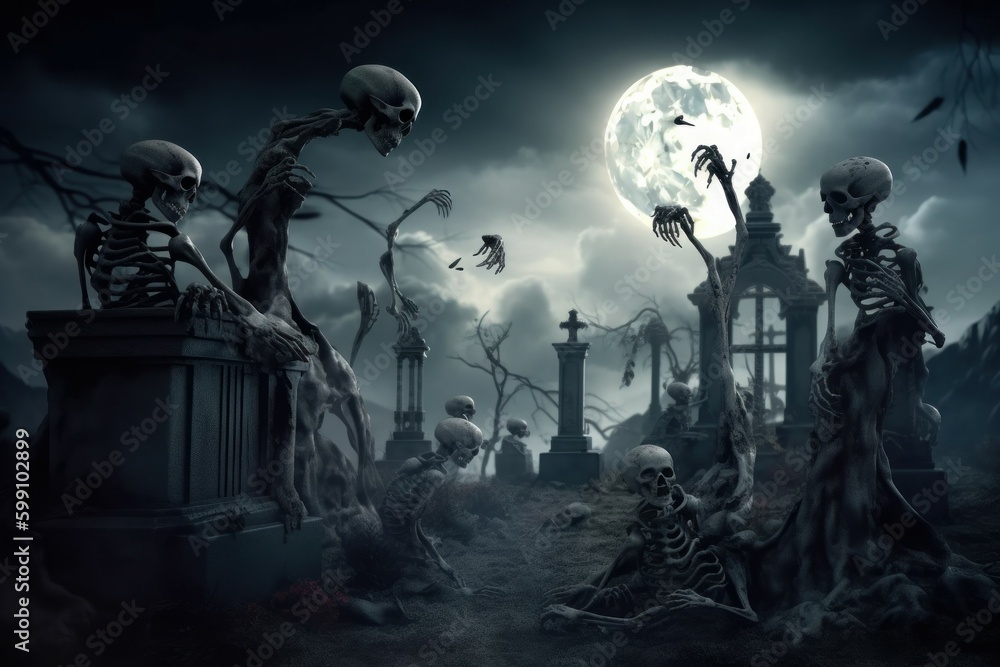 Zombies Rising In Dark. Bones And Skulls Out Of A Cemetery. AI ...