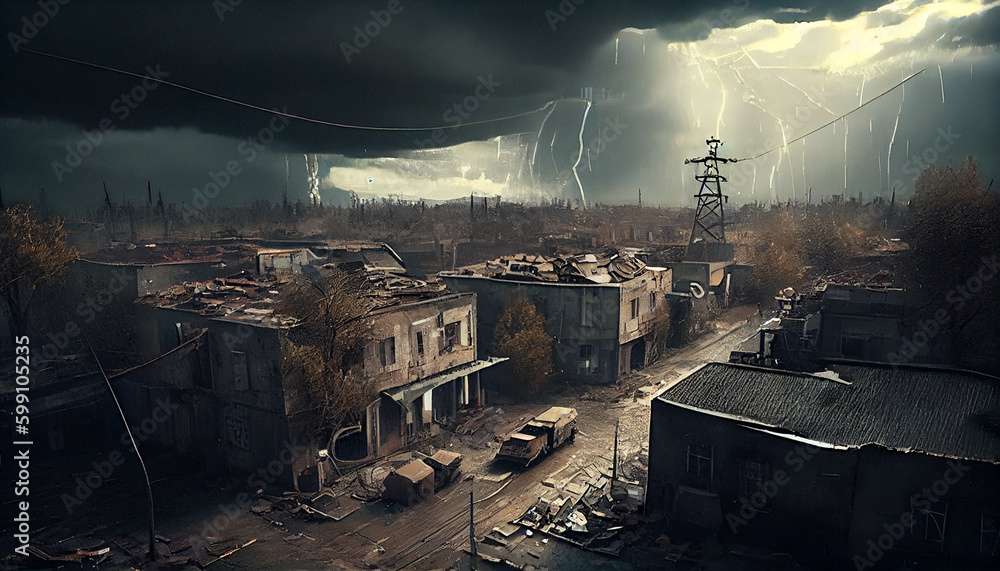 Detailed destruction of fictitious city with fires, explosion ...