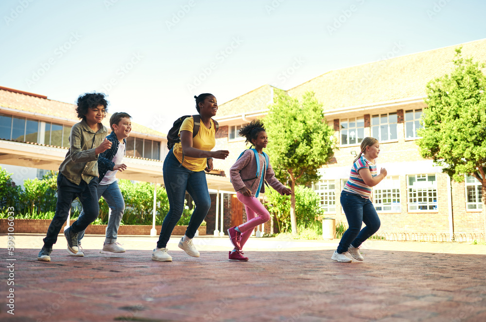 Race you back to class. Full length shot of a diverse group of children ...