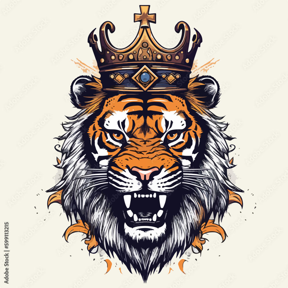 Colorful angry tiger king wearing crown for t-shirt design wallpaper ...