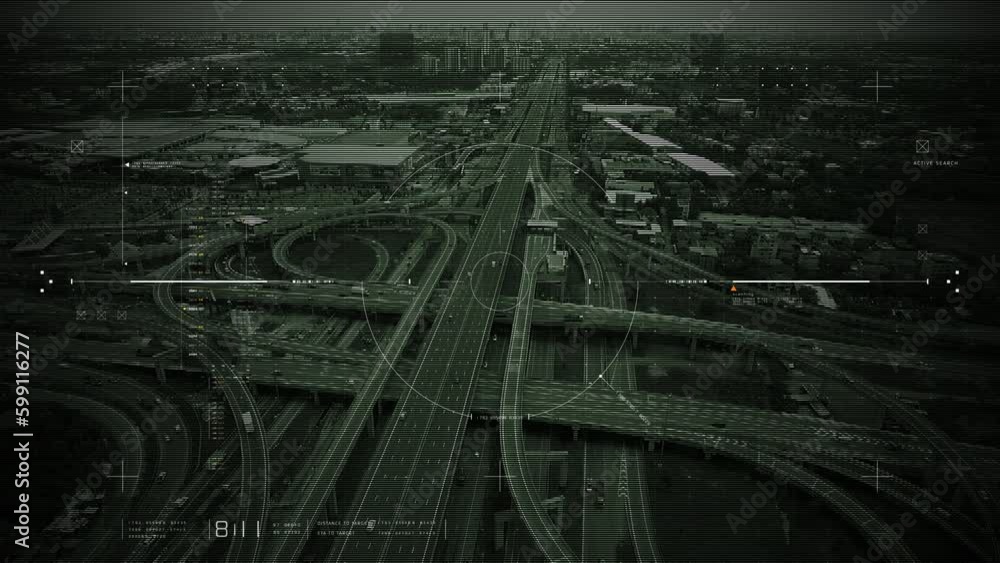 Futuristic HUD satellite view of traffic surveillance on a busy ...