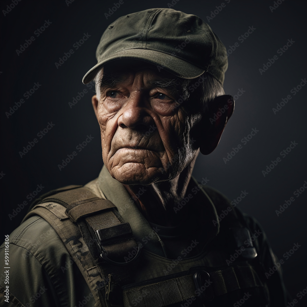 A close-up portrait of an old war veteran is a tribute to the bravery ...