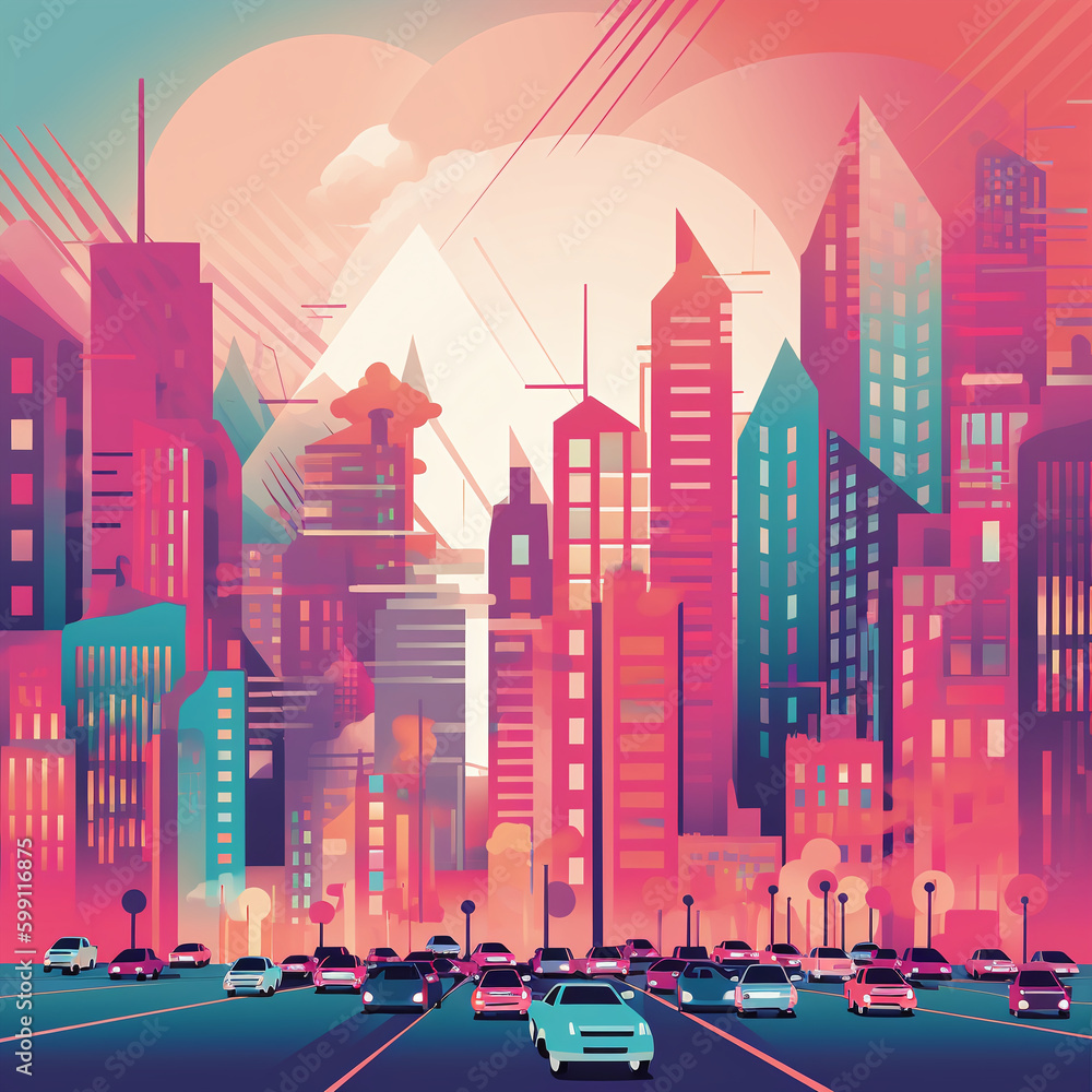 "Dynamic Cityscape in Pink Hues: Vector Illustration of Busy Street ...