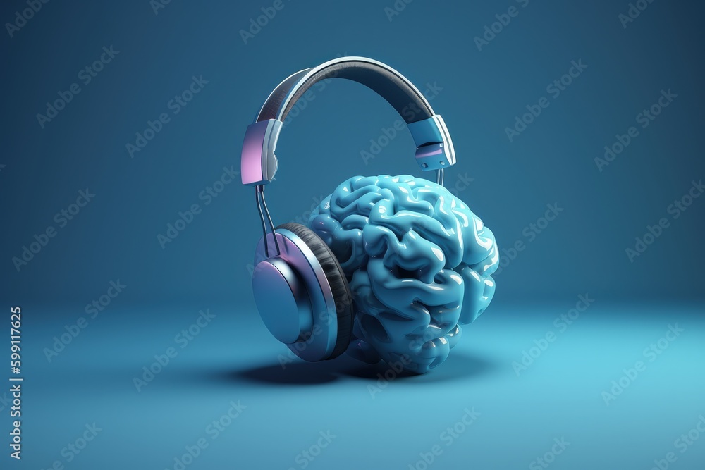 Human brain and headset, technology and creativity concept, blue ...