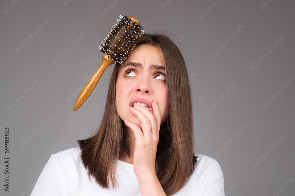 Sad girl with damaged hair. Haircare problem. Woman with hair loss ...