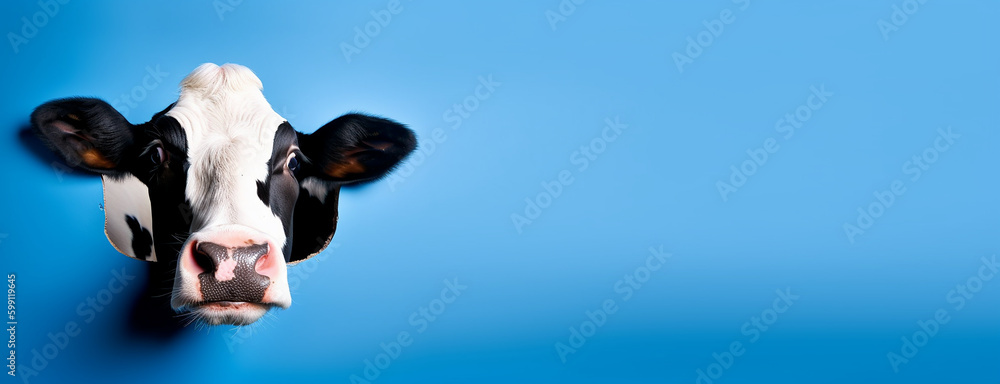 Funny cow looks into the camera. Concept of dairy or meat products ...