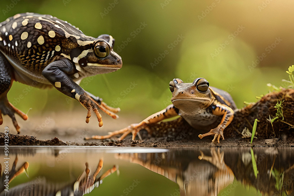 closeup jumping Rana de patas rojas (Rana aurora) en un bosque, agua ...