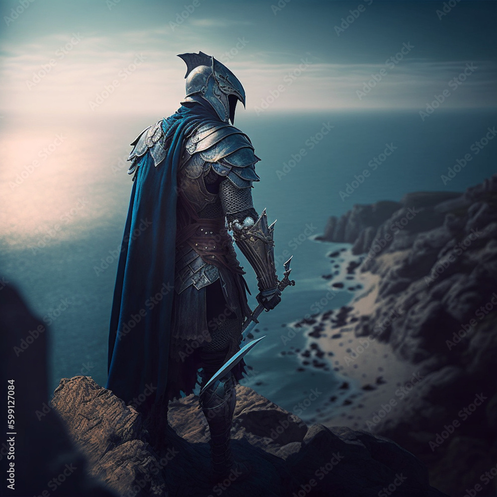 Knight overlooking the sea from the top of the cliff｜Generative AI ...