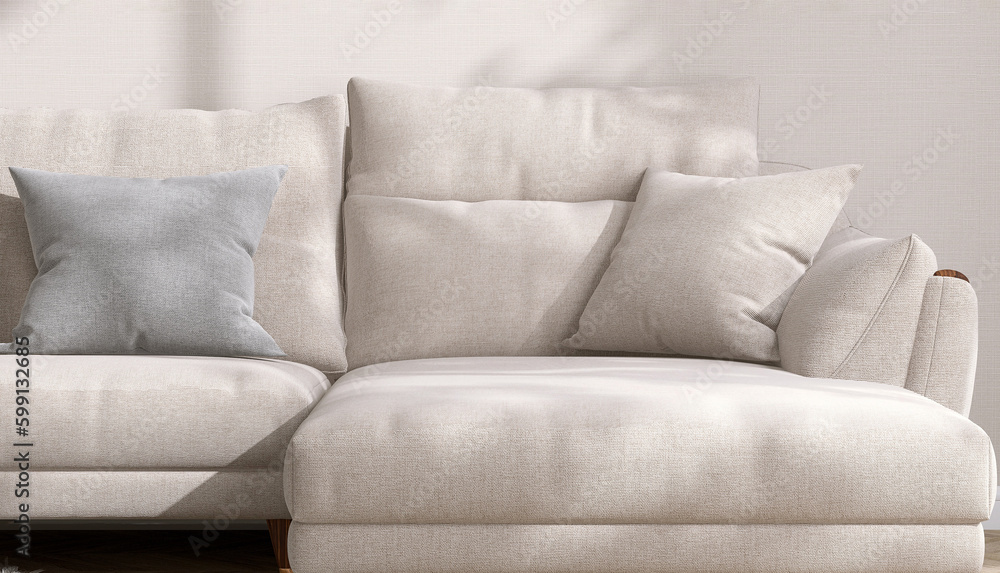 Close up modern, comfortable beige fabric sofa with woven cushion ...