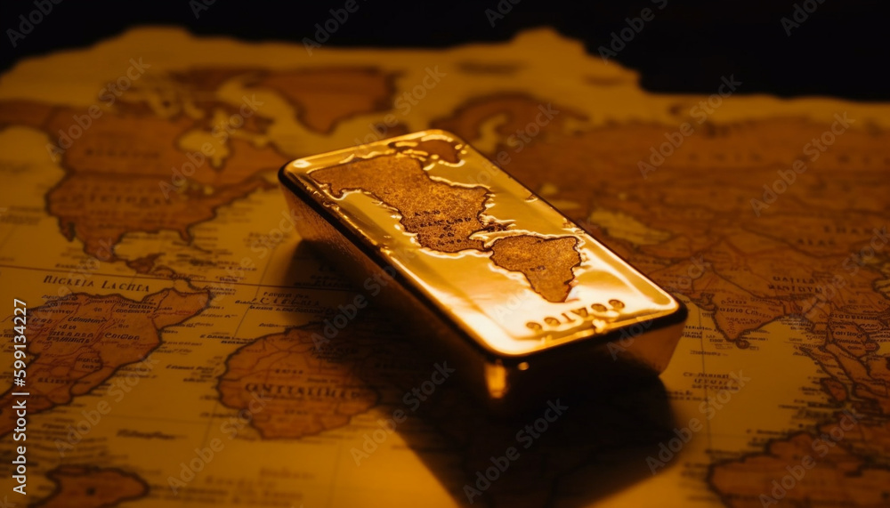 Antique world map shows wealth in gold generated by AI Illustration ...