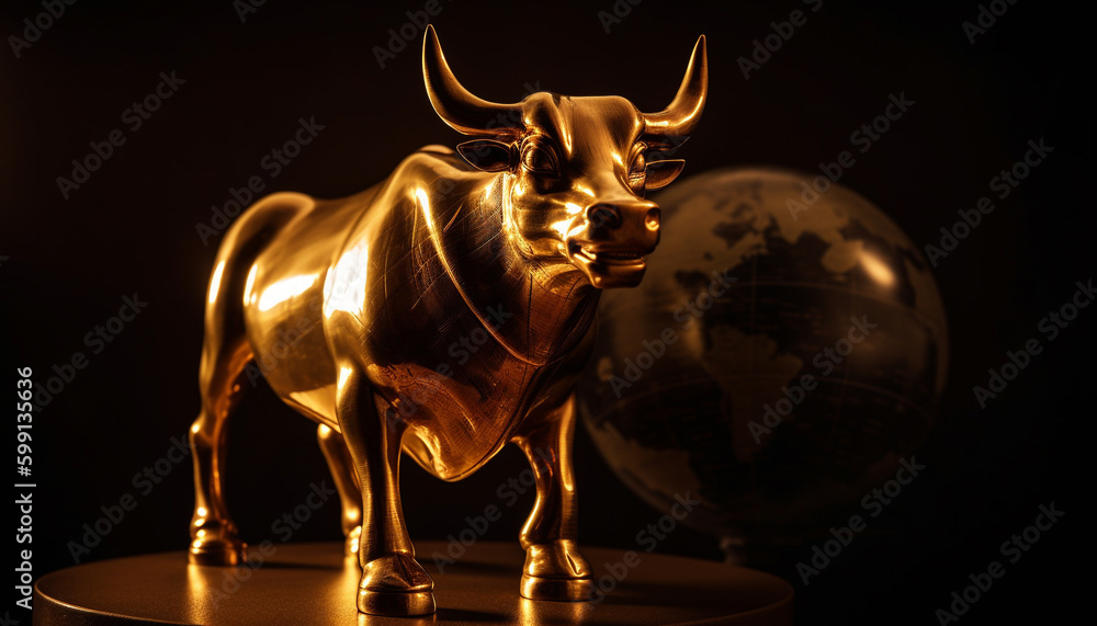 Stockillustratie Golden bull statue stands proud on world map generated by AI | Adobe Stock
