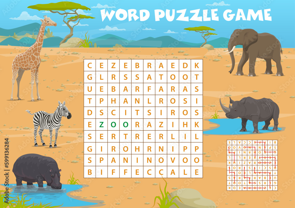 Word search puzzle game with African savannah safari animals, vector ...