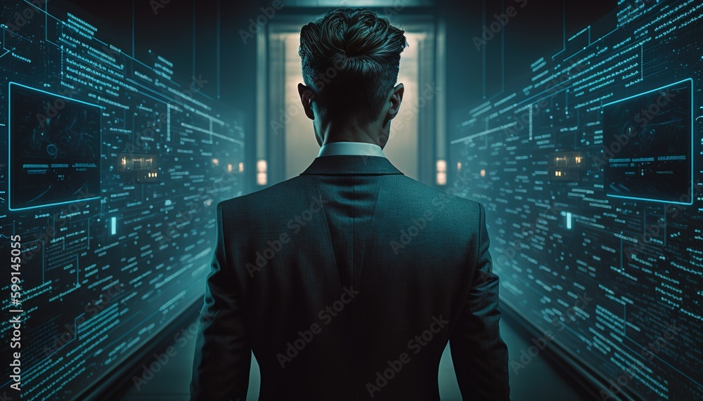 Businessman entering in the head counter in the holographic advance ...
