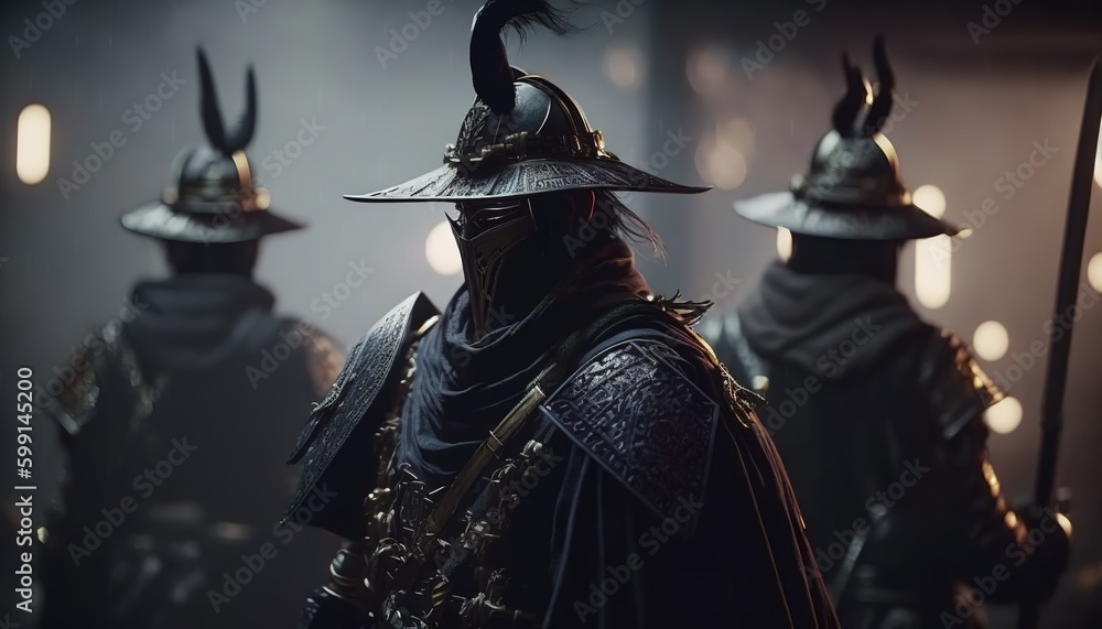 Three samurai with fully armored with weapons and armor ready to fight ...