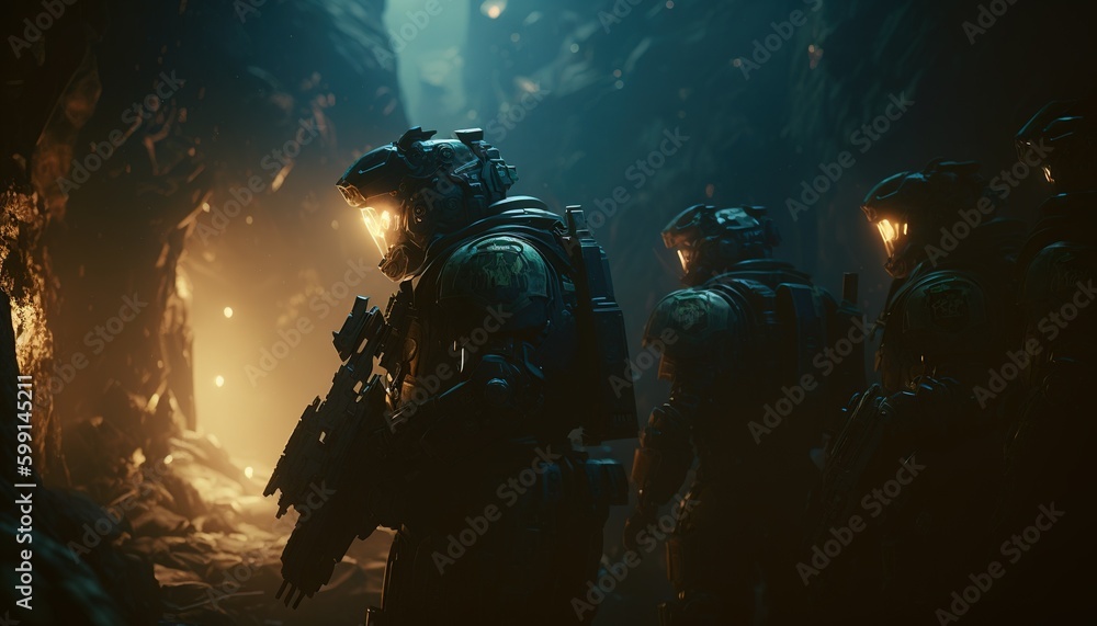modern Hightech weapon soldiers in a cave on a mission with ghost ...