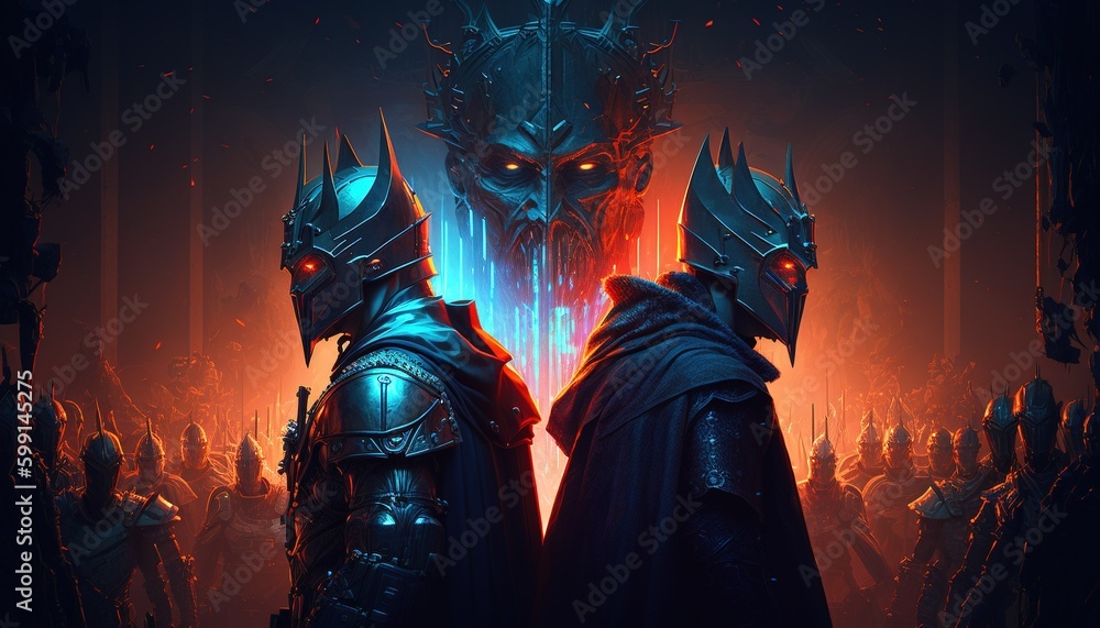 two devil warriors with a devil army standing opposite with demons ...