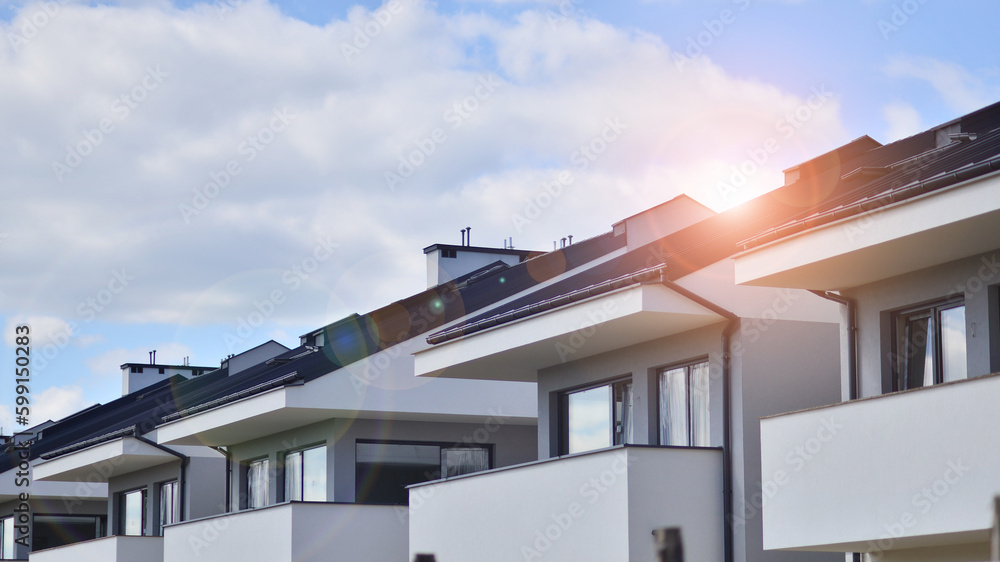 Terraced family homes in newly developed housing estate. The real ...