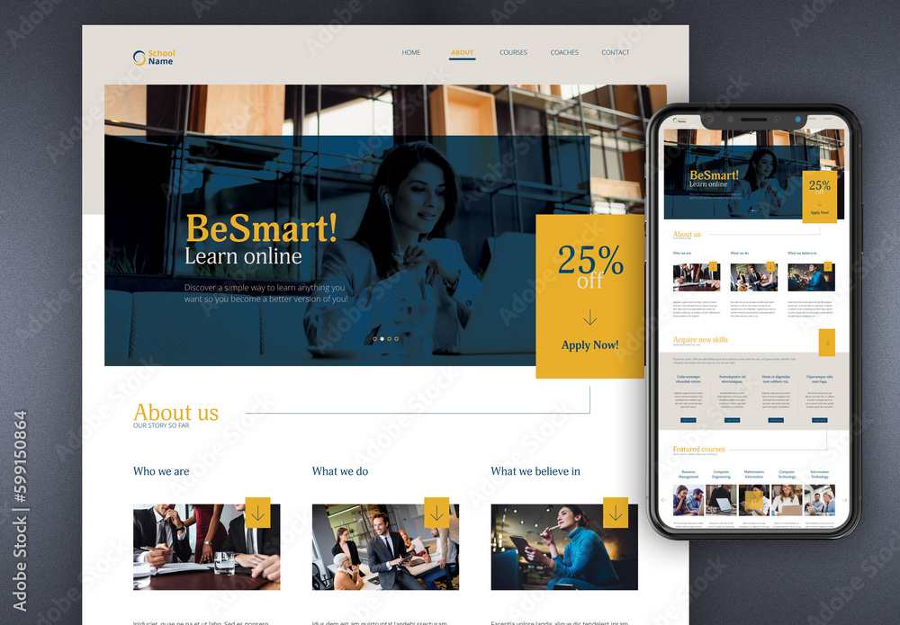Website Design for Courses with Blue and Yellow Accents Stock Template ...