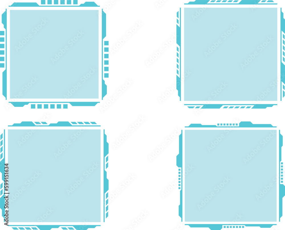 set of labels. Set of blue square tech Si-Fi frames isolated on white ...