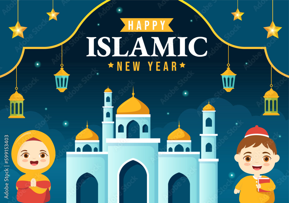 Happy Muharram Islamic New Year Vector Illustration with Kids Muslims ...