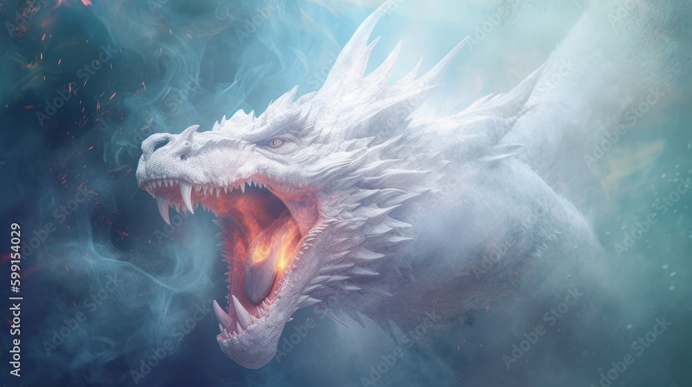White dragon with his mouth open with fire glowing from inside his ...