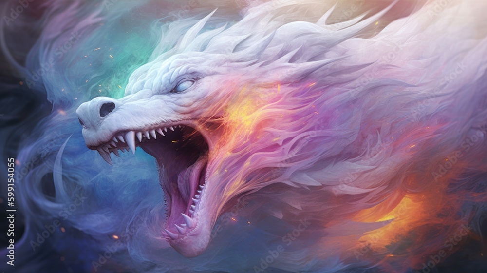 White dragon with his mouth open with fire glowing from inside his ...