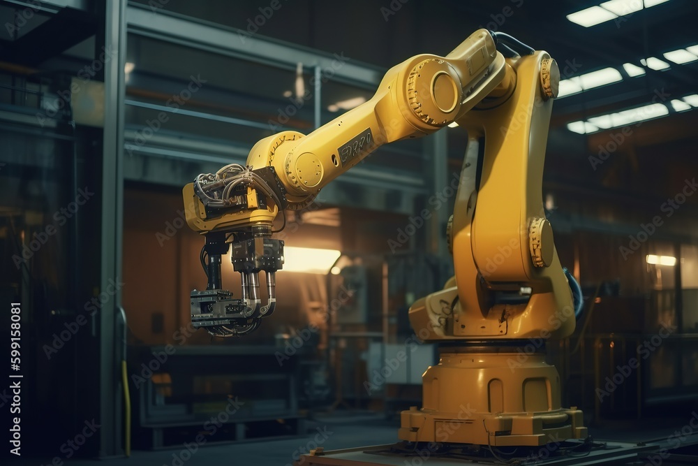 Yellow automatic robotic arm in smart factory industry. Industry 4.0 ...