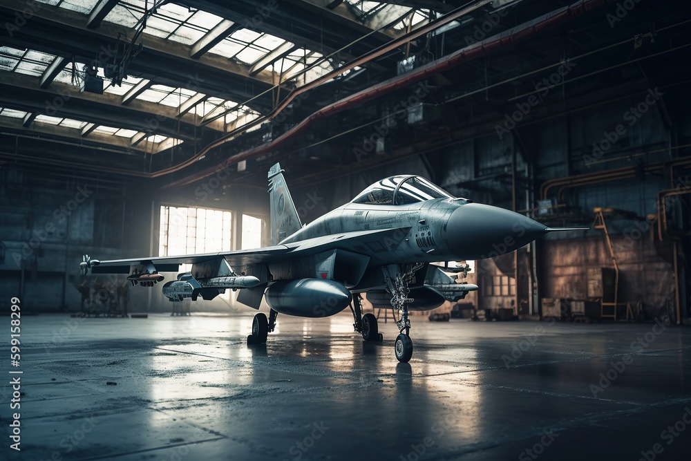 A military fighter jet is parked in an armed forces hangar. Generative AI Stock Illustration ...