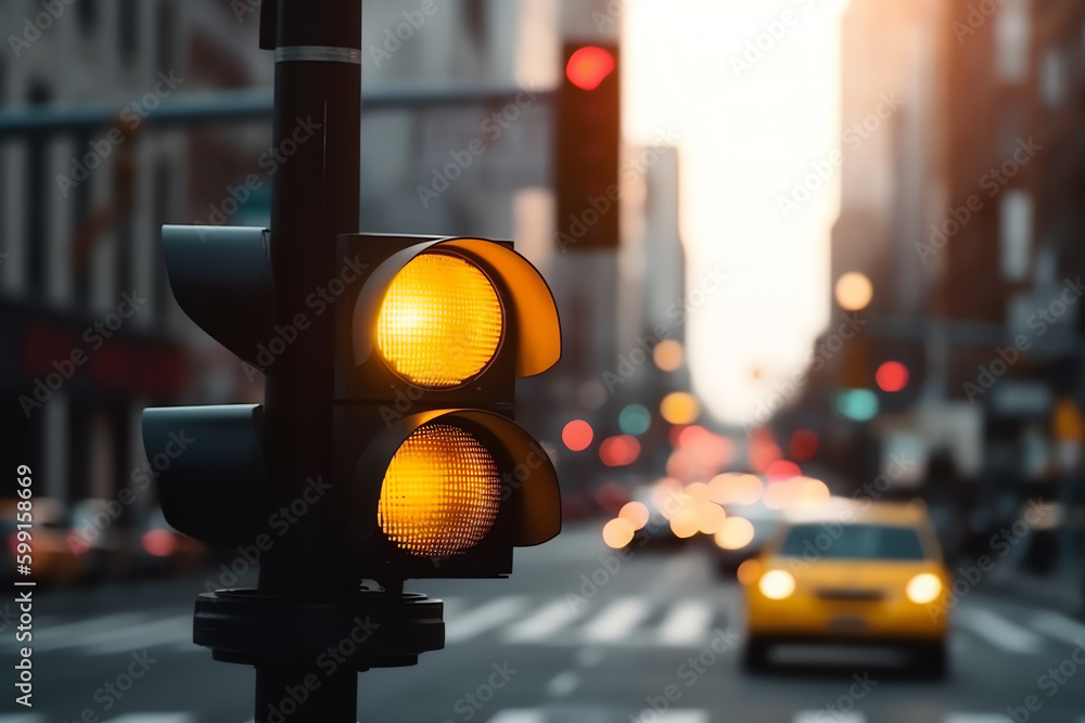 yellow traffic light at a busy intersectionintersection. generative AI ...
