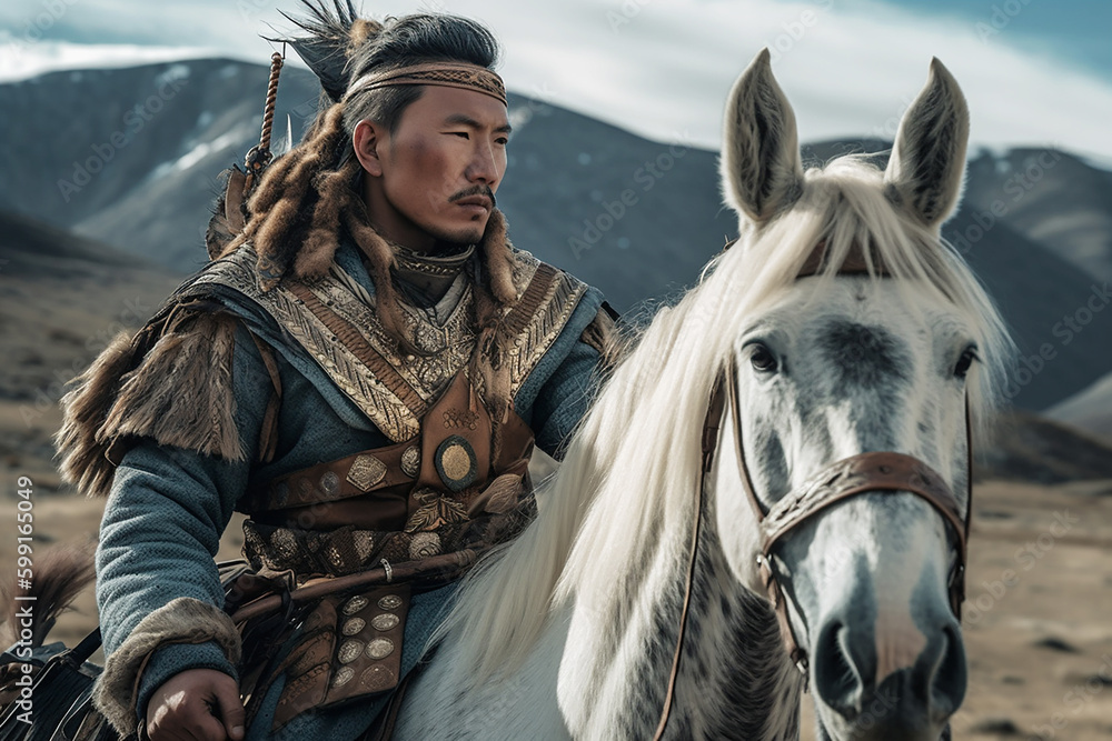 Male Warrior of the Mongoloid race on horseback. Retro style. Stock ...