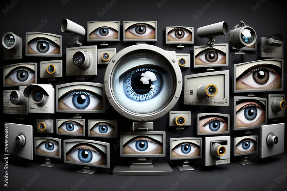 monitoring many security camera screens, eye watching, created with ...