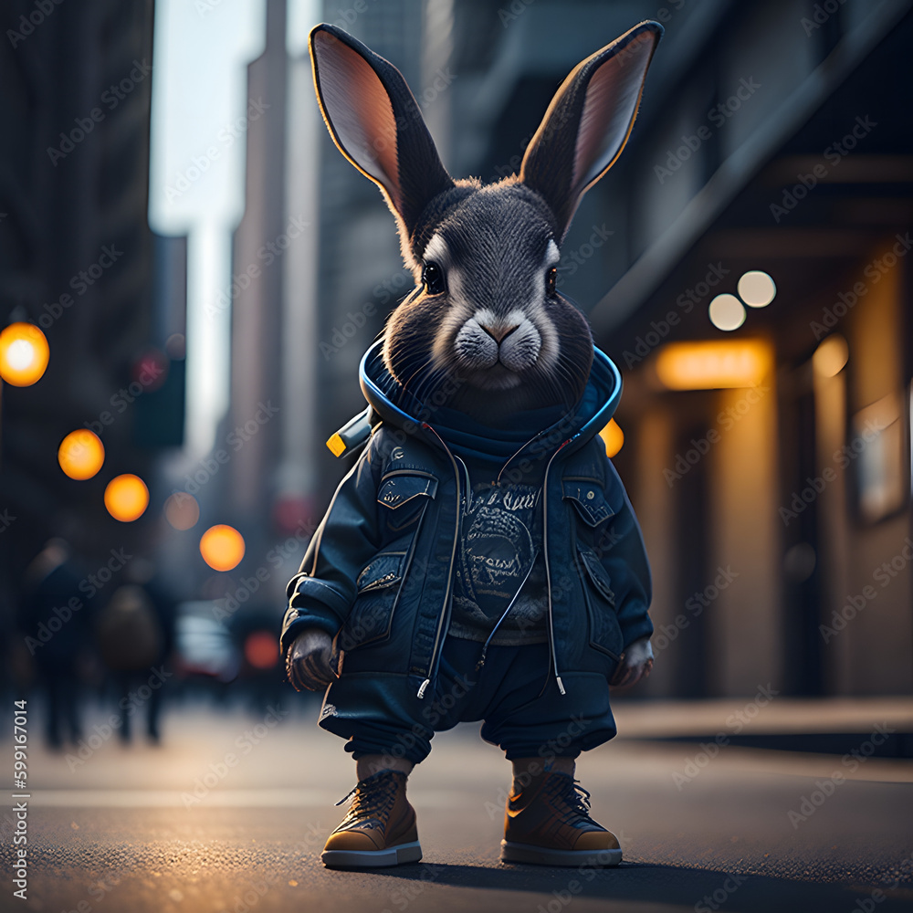 Year of the Rabbit. Cute kawaii tiny hyperrealistic rabbit in hip hop ...