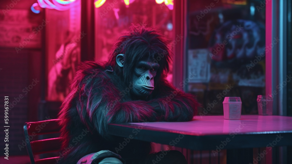 Sad ape emotionally drained and depressed, sitting lonely and neglected ...