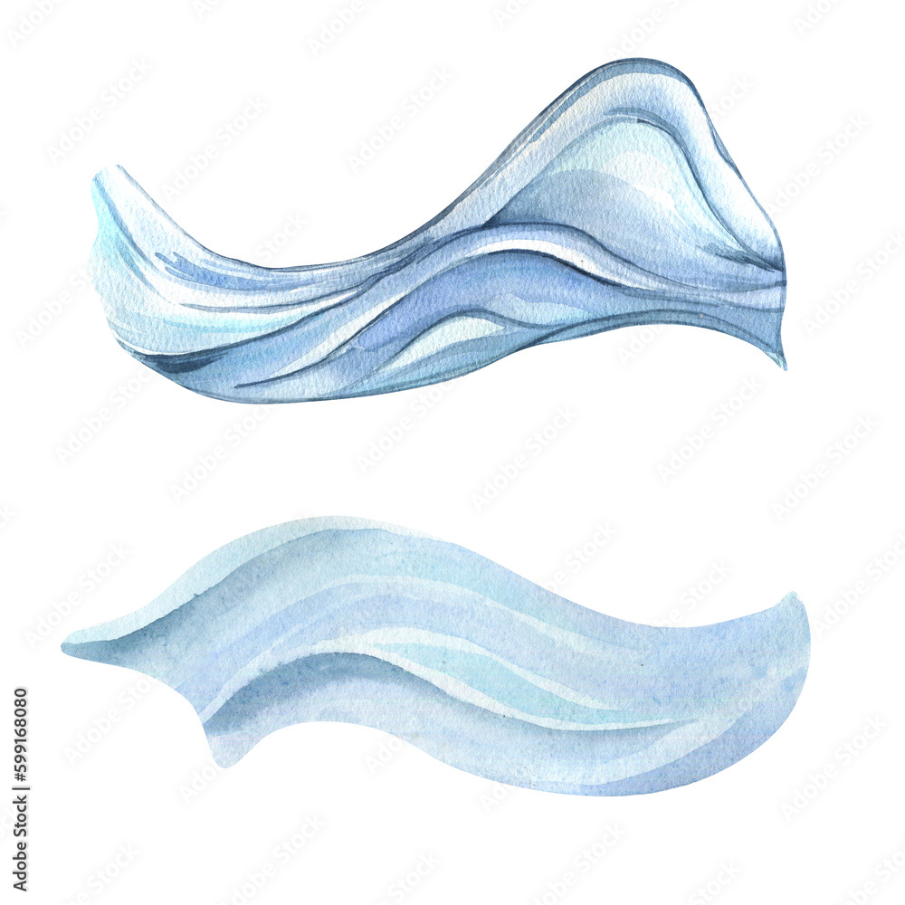 Water waves blue color watercolor illustration isolated on white ...