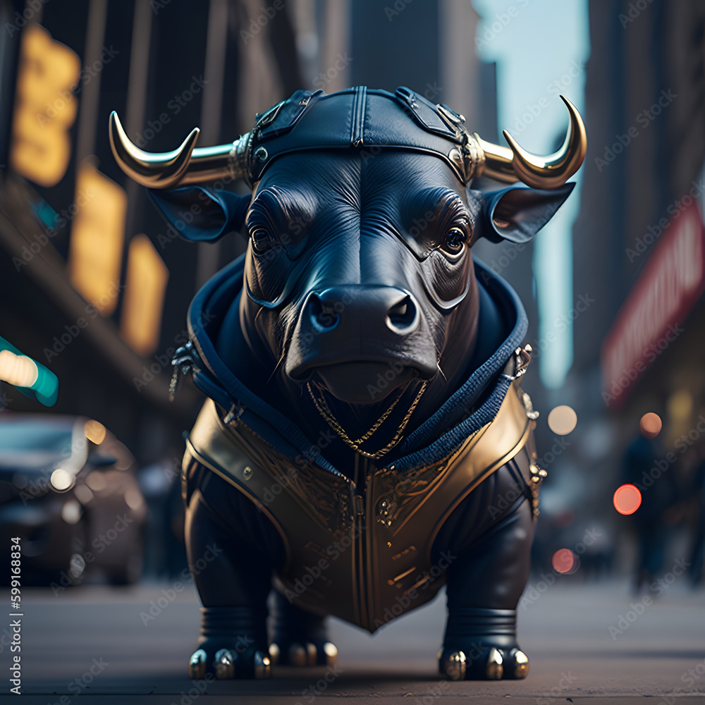 Year of the bull. Cute Kawaii tiny hyper realistic Bull wearing hip hop ...