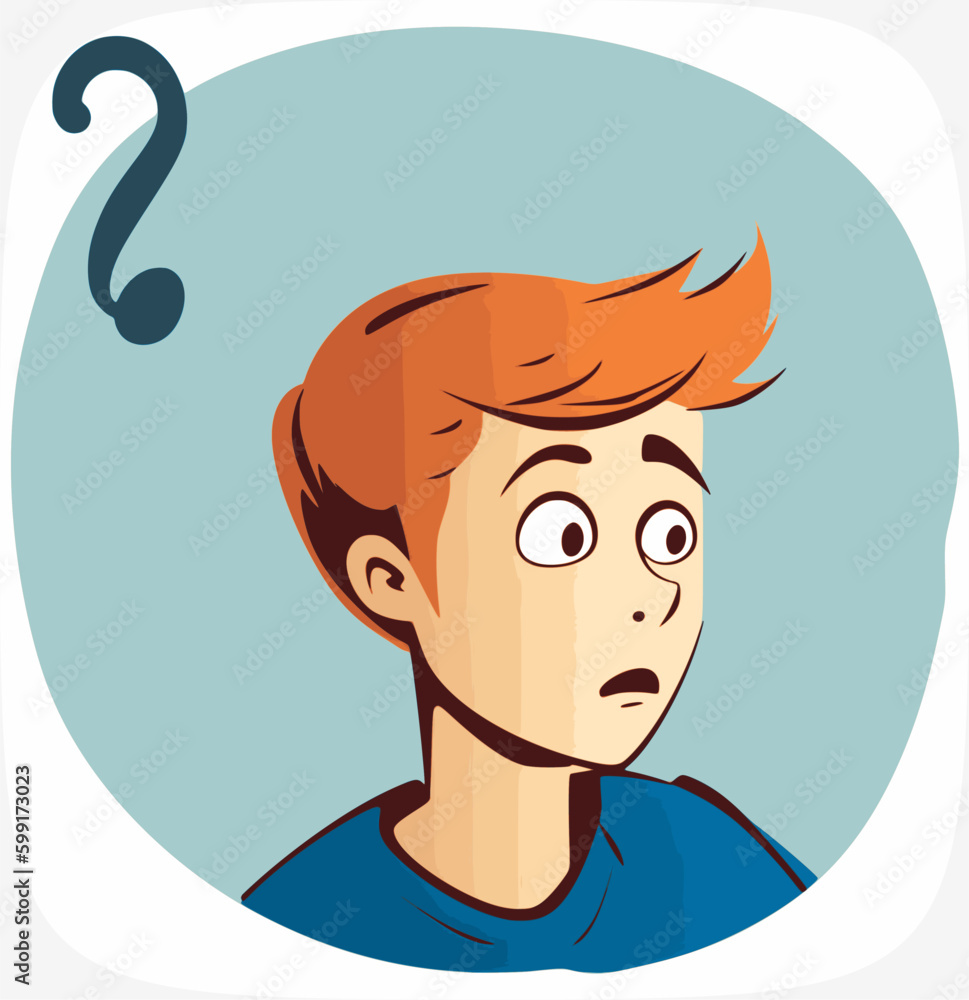 Pensive child confused and puzzled standing with huge question mark ...