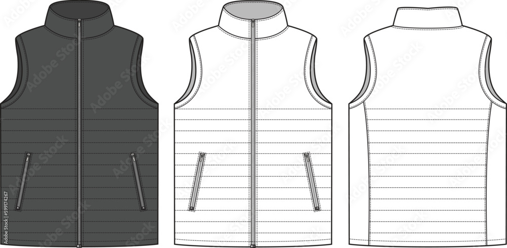 Vest jacket front and back view design technical flat sketch vector ...