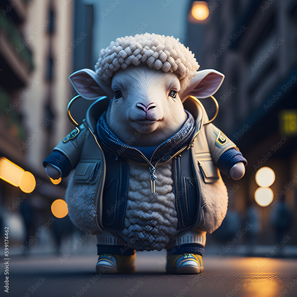 Cute Kawaii tiny hyper realistic Sheep wearing hip hop clothes, city ...