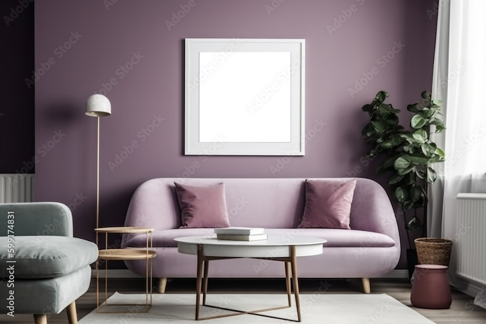 Salon de color morado decorado con mockup de DIN A1 en el centro de la ...