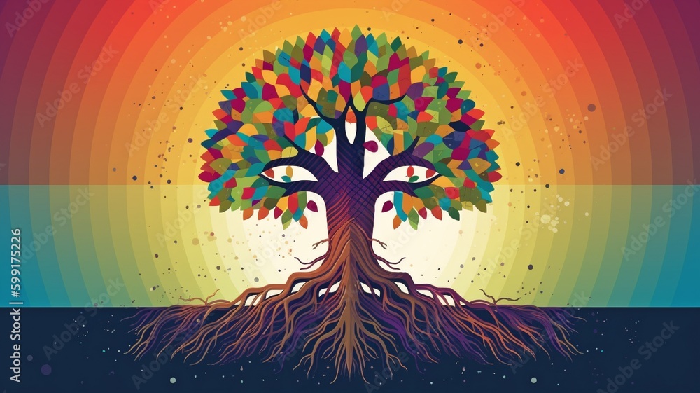 large tree with thick roots that is made out of geometric forms like ...