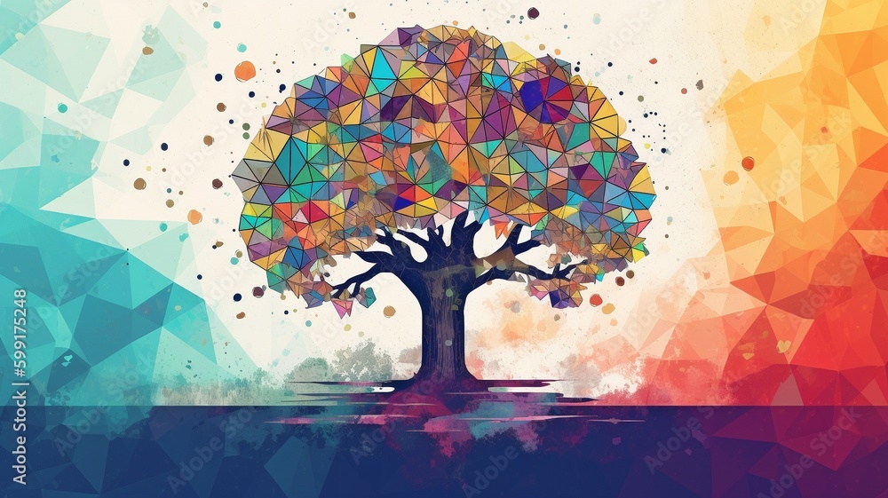 large tree with thick roots that is made out of geometric forms like ...