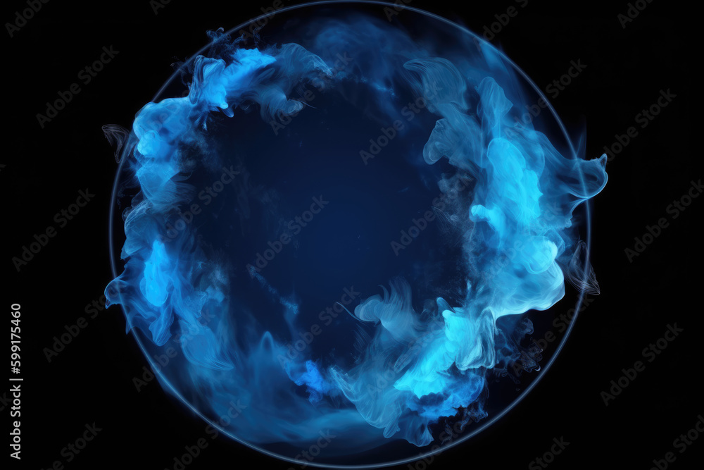 Fluid splash. Round frame. Paint water. Astrology moon. Blue color ...