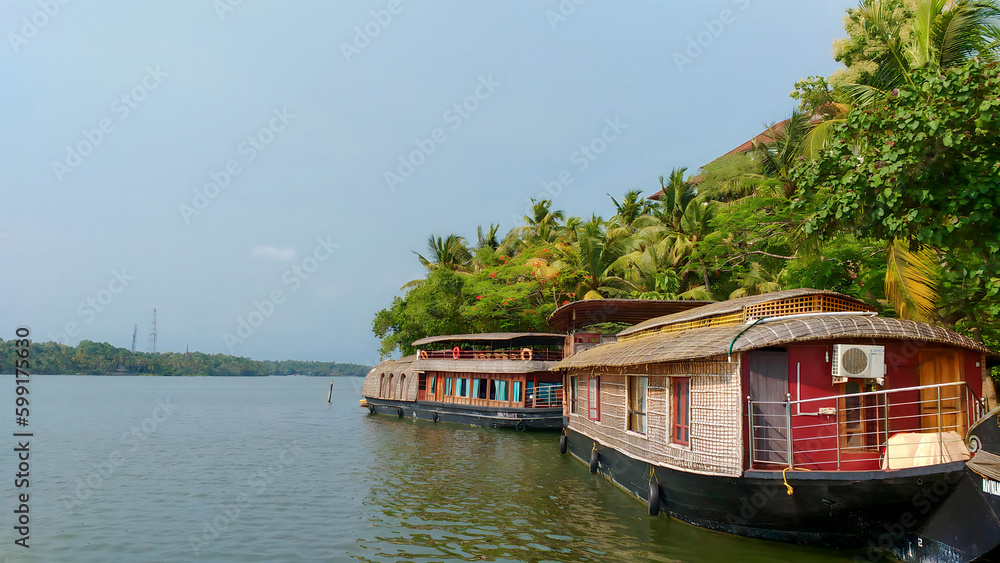 Beautiful house boats at Ashtamudi backwaters. Stock Photo | Adobe Stock