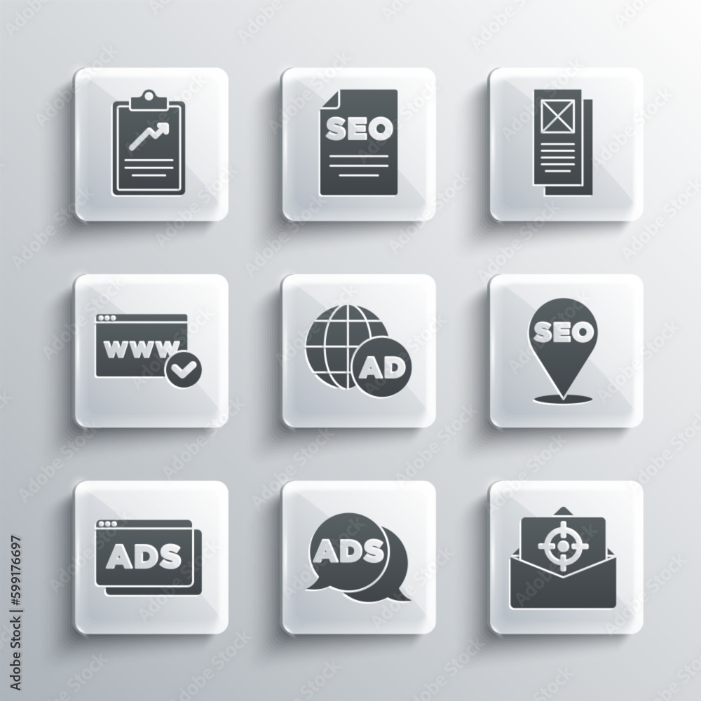 Set Advertising, Mail and e-mail, SEO optimization, Website template, Clipboard with graph chart ...